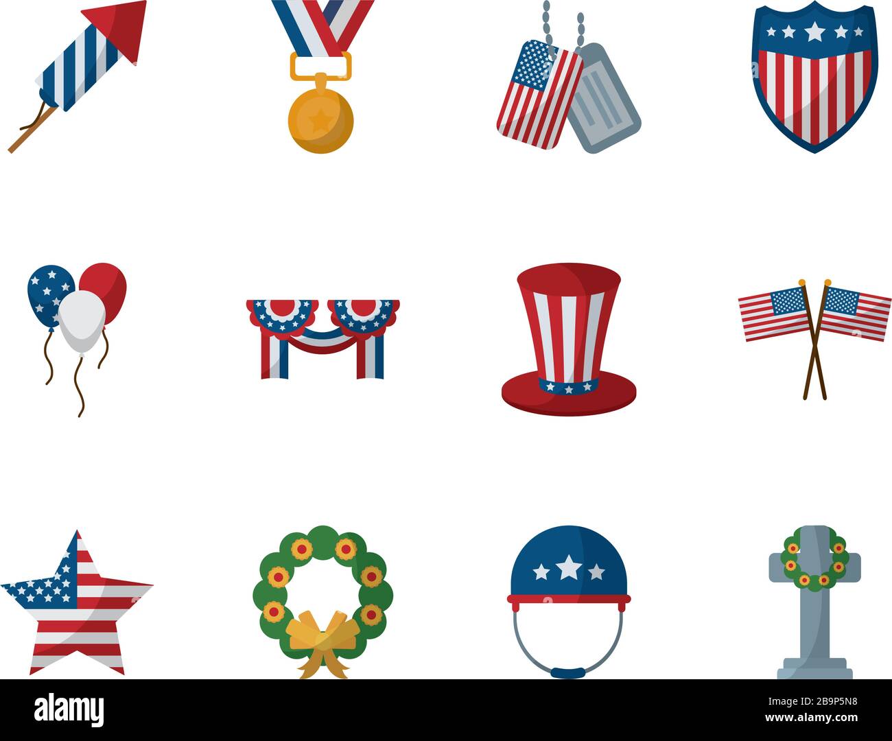 flat style icon set design, Memorial day holiday patriotic freedom ...