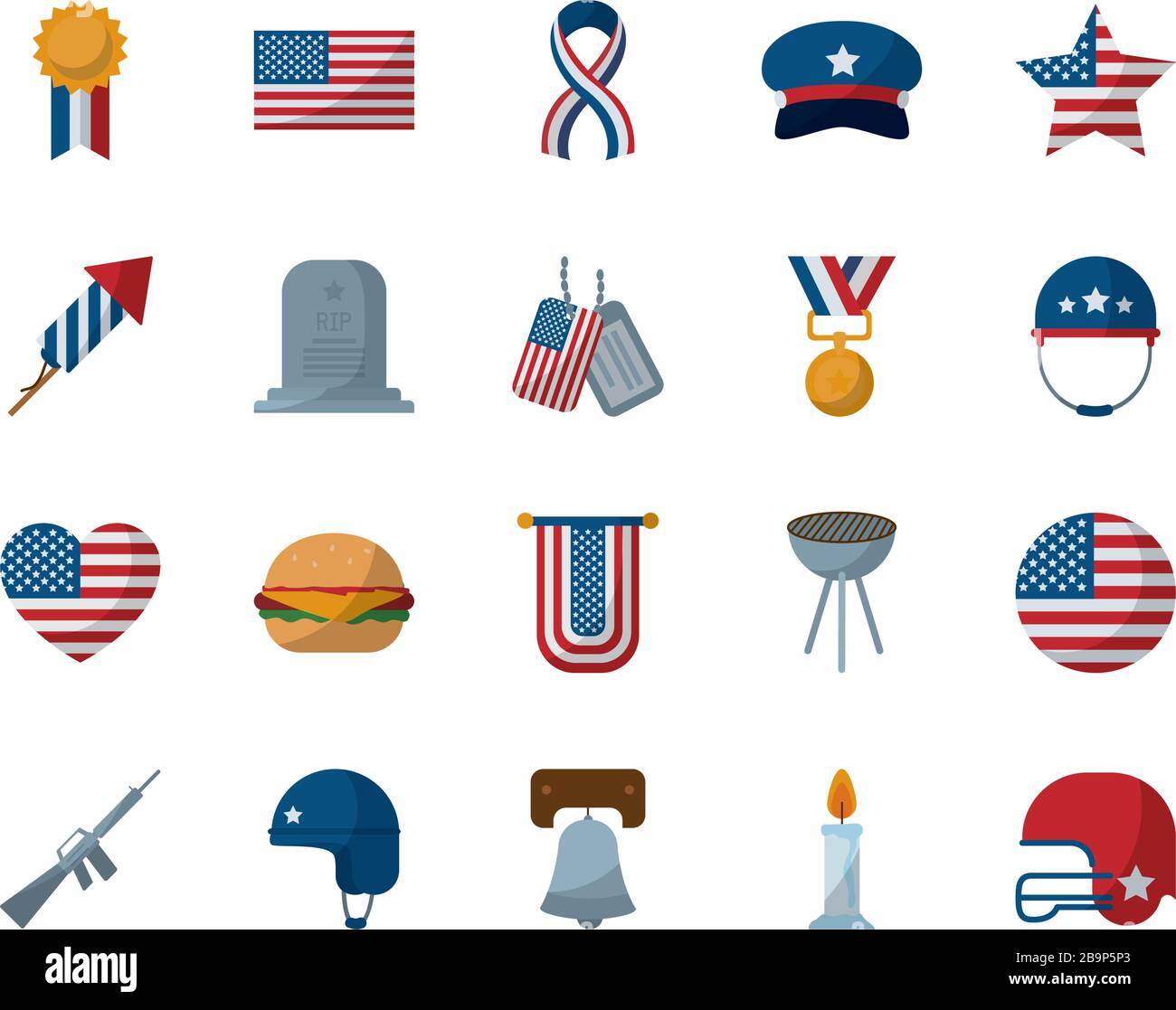 flat style icon set design, Memorial day holiday patriotic freedom ...