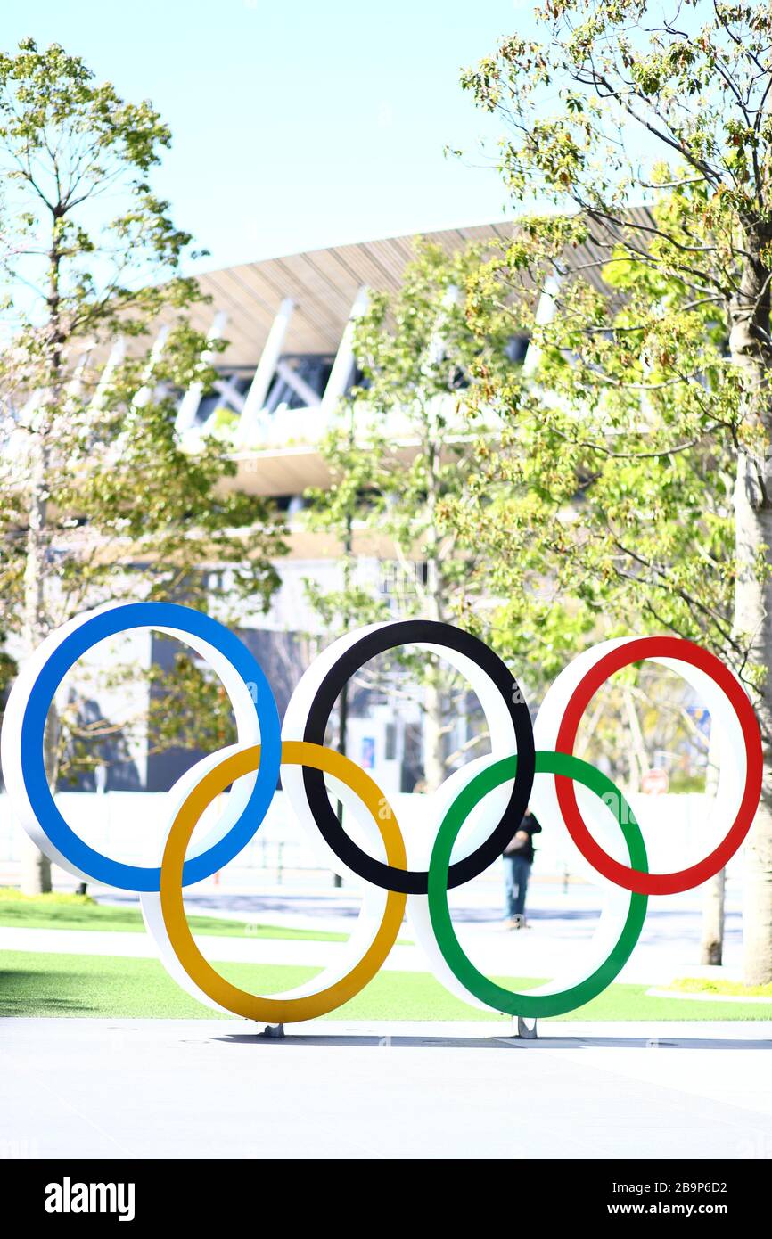 Olympic rings are displayed at Japan Sport Olympic Square near national ...