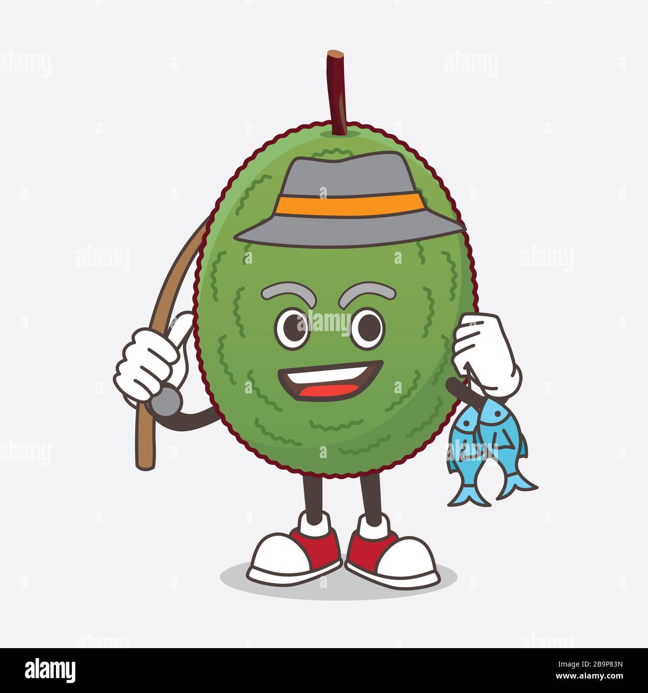A picture of Jackfruit cartoon mascot character fishing with 2 fishes ...