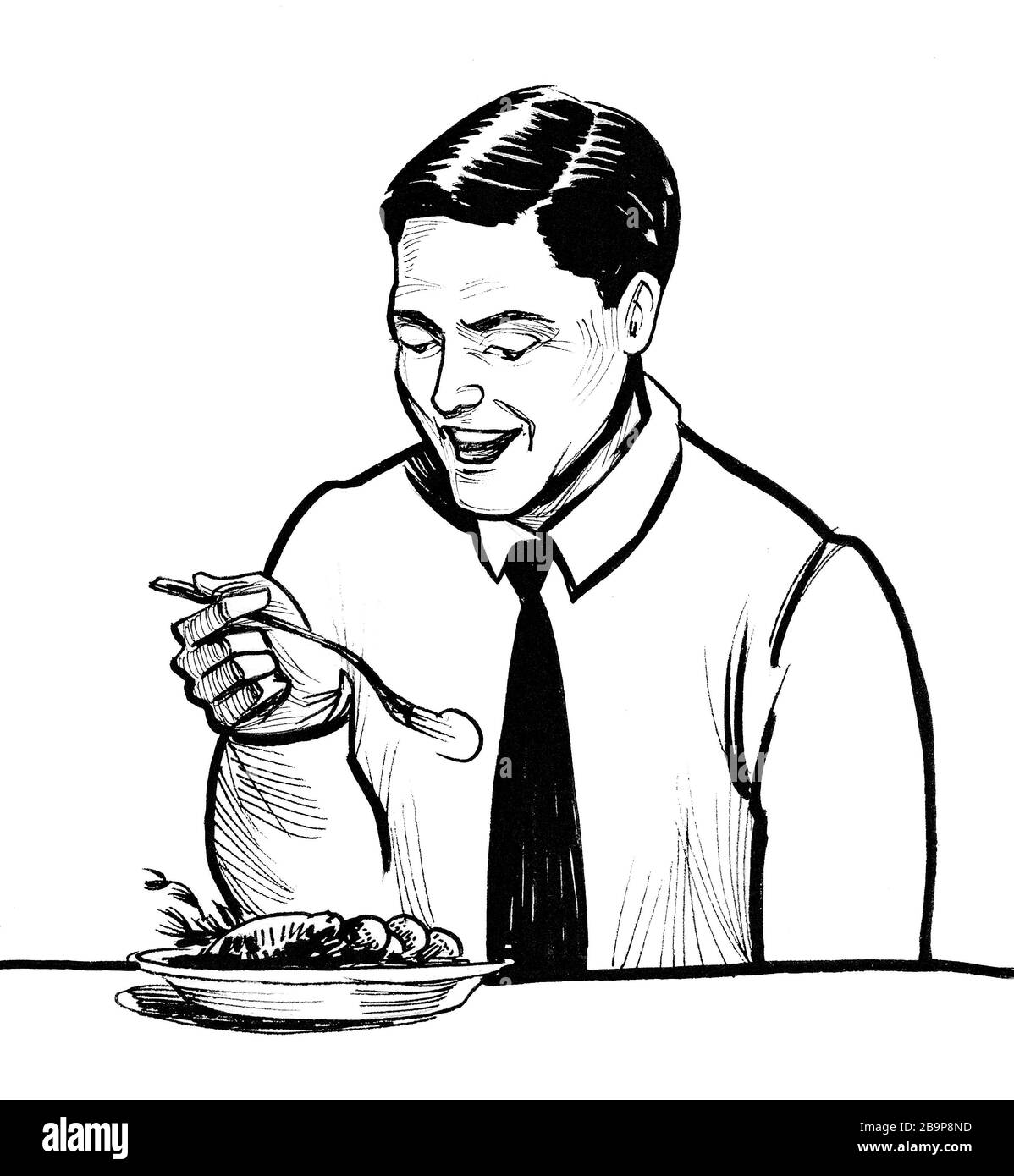 Businessman eating lunch. Ink black and white drawing Stock Photo - Alamy