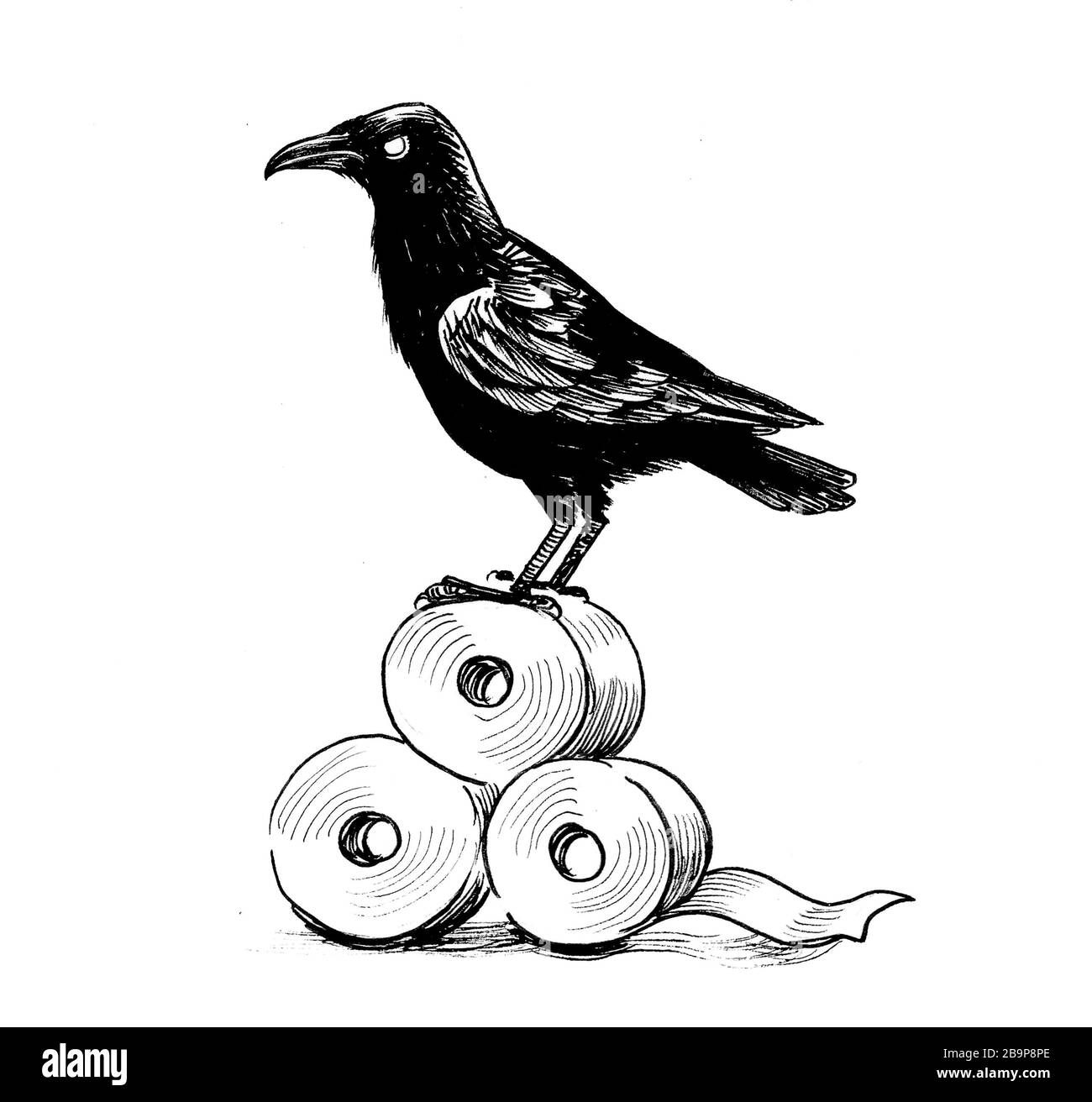 Crow sitting on a toilet paper rolls. Ink black and white drawing Stock ...