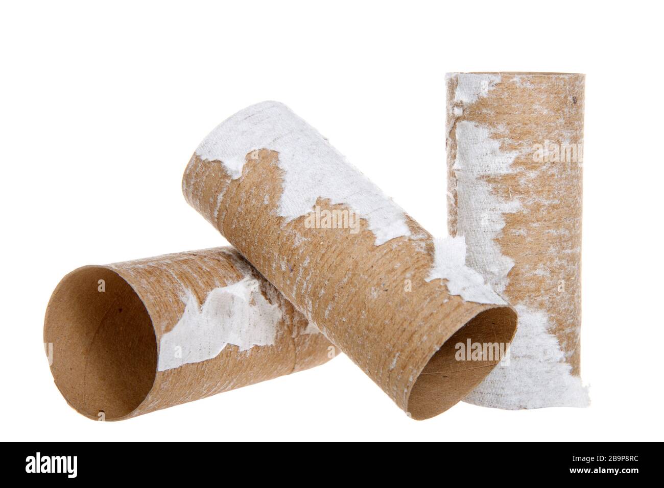 Three empty rolls of toilet paper laying isolated on white background ...