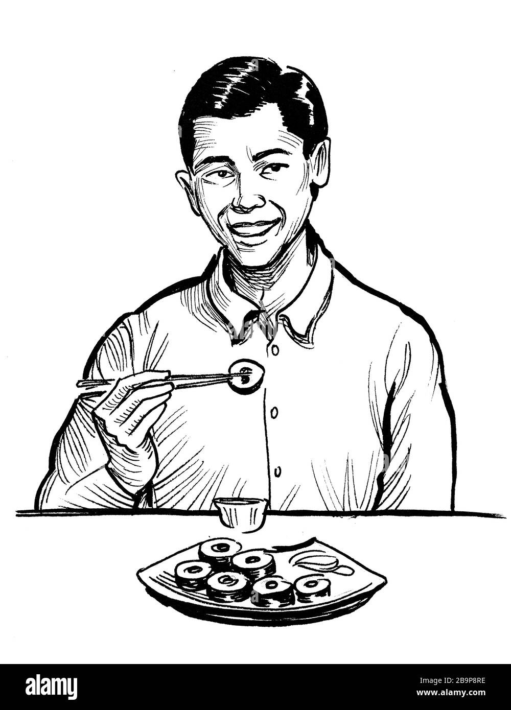 Asian young man eating sushi. Ink black and white drawing Stock Photo ...