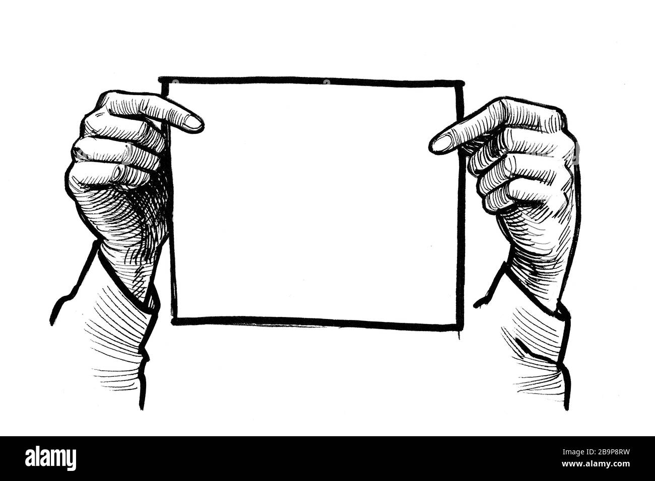 Hands holding blank sheet of paper. Ink black and white drawing Stock ...