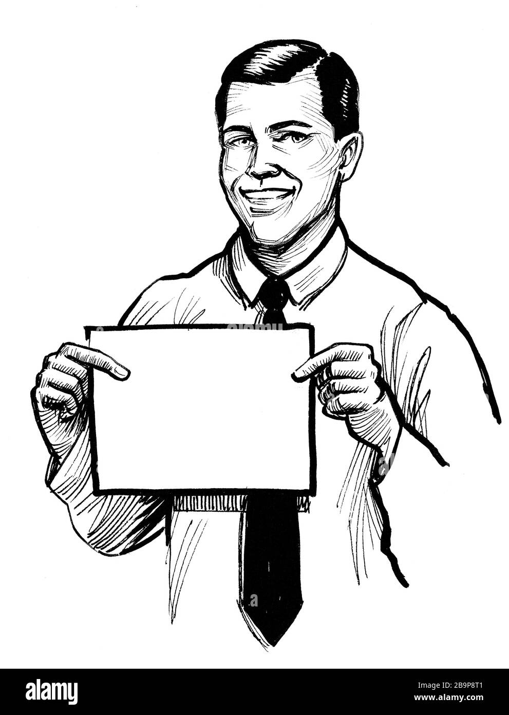 Smiling man holding blank sheet of paper. Ink black and white drawing ...