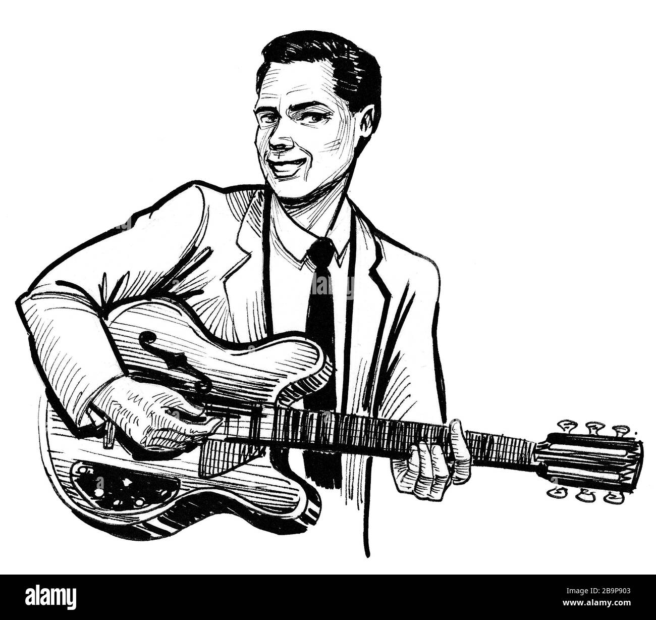 Handsome man playing vintage electric guitar. Ink black and white ...