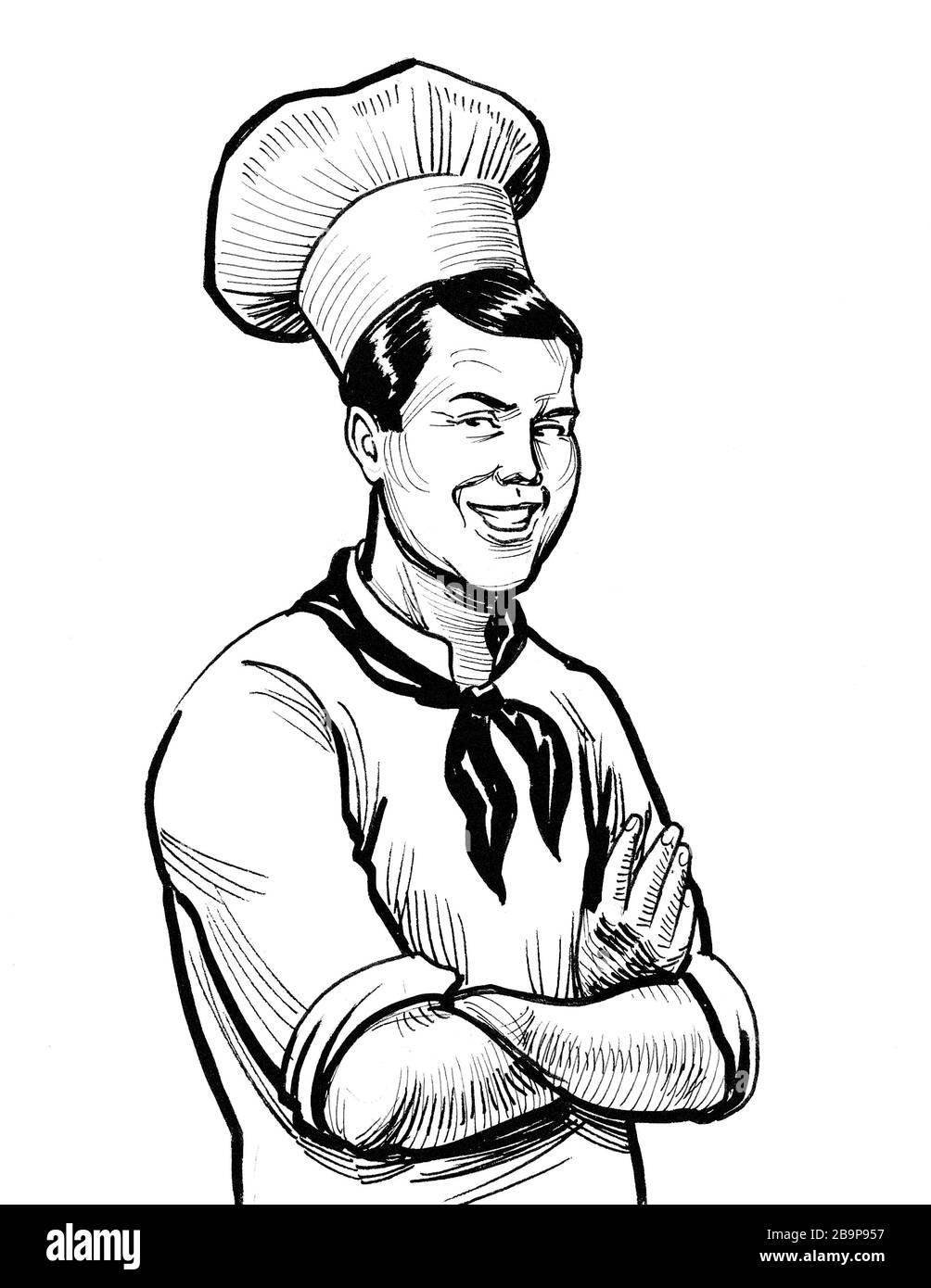 Happy smiling chef. Ink black and white drawing Stock Photo - Alamy