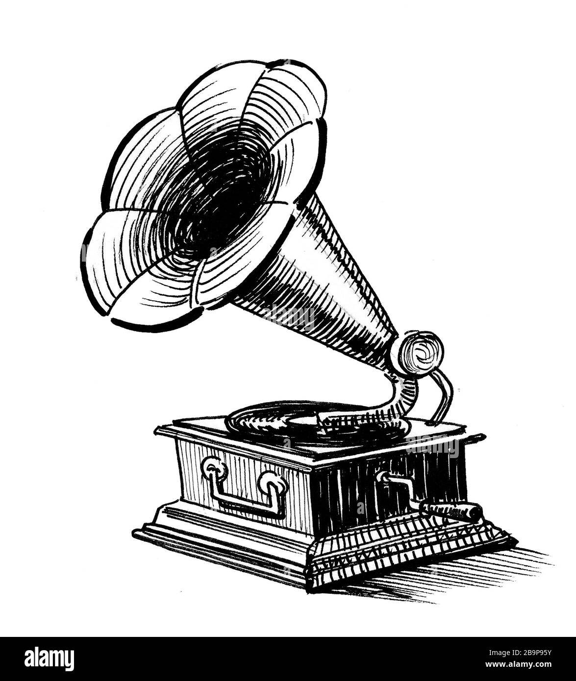Retro phonograph. Ink black and white drawing Stock Photo - Alamy
