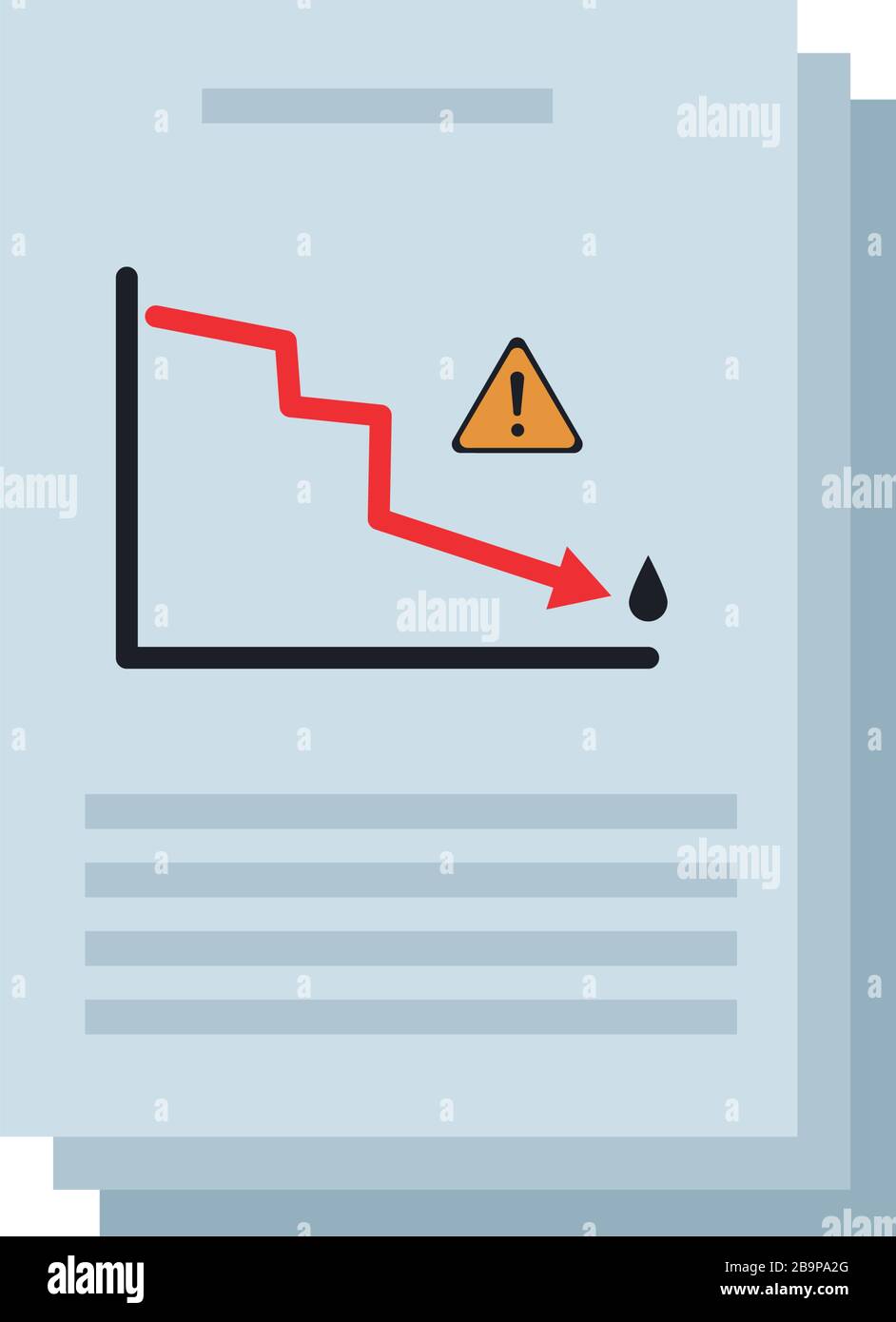 financial report document with decreased result and warning sign icon ...