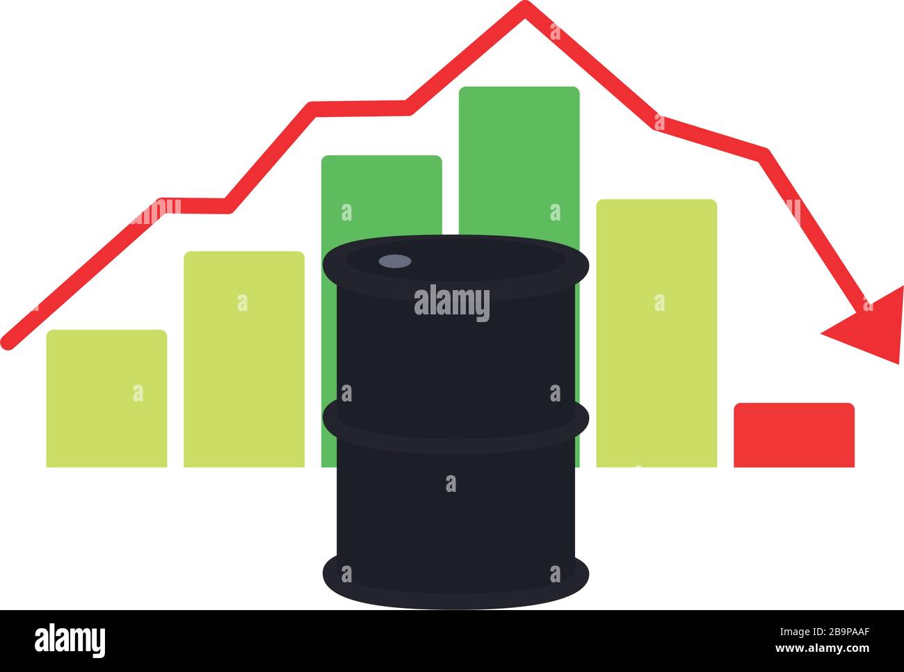 oil barrel and graphic bar chart with arrow down icon over white ...