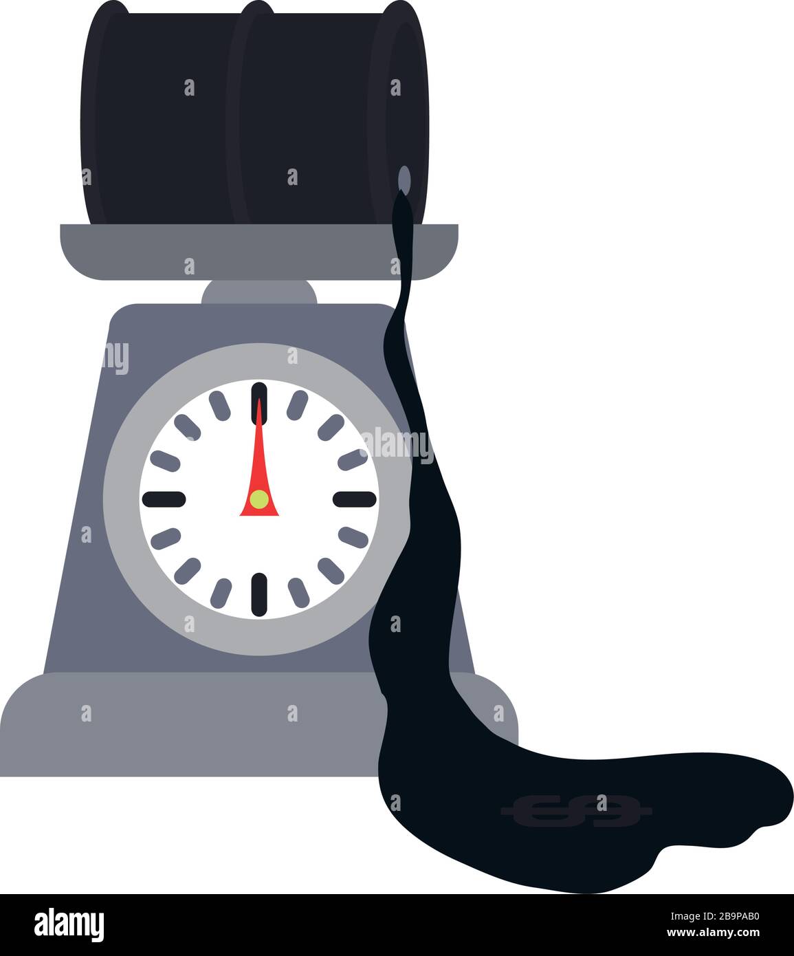 weight scale with oil barrel spilled over white background, flat style ...