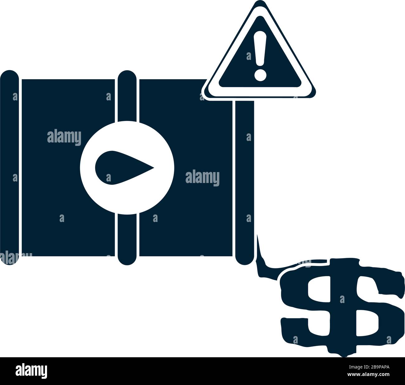 spilled oil barrel with warning sign and money symbol icon over white ...