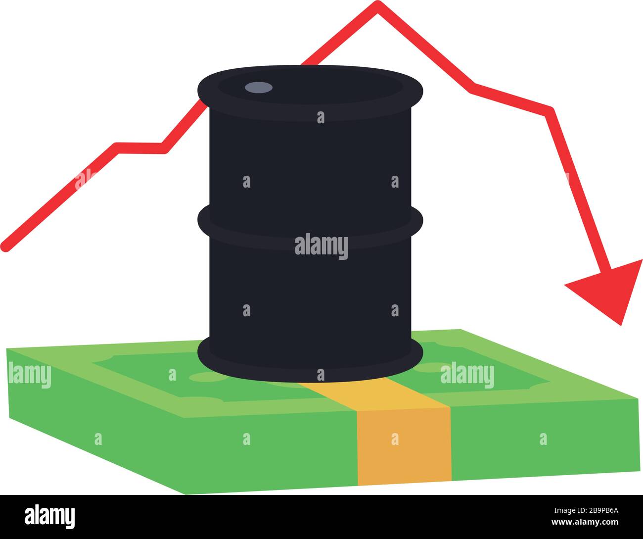 wad of money and oil barrel with decrease financial arrow icon over white background, flat style ...