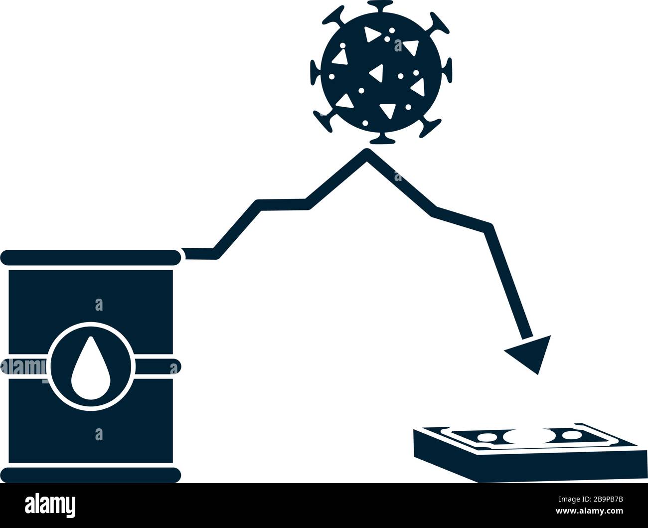 oil barrel and decrease financial arrow and covid19 symbol over white background, silhouette ...