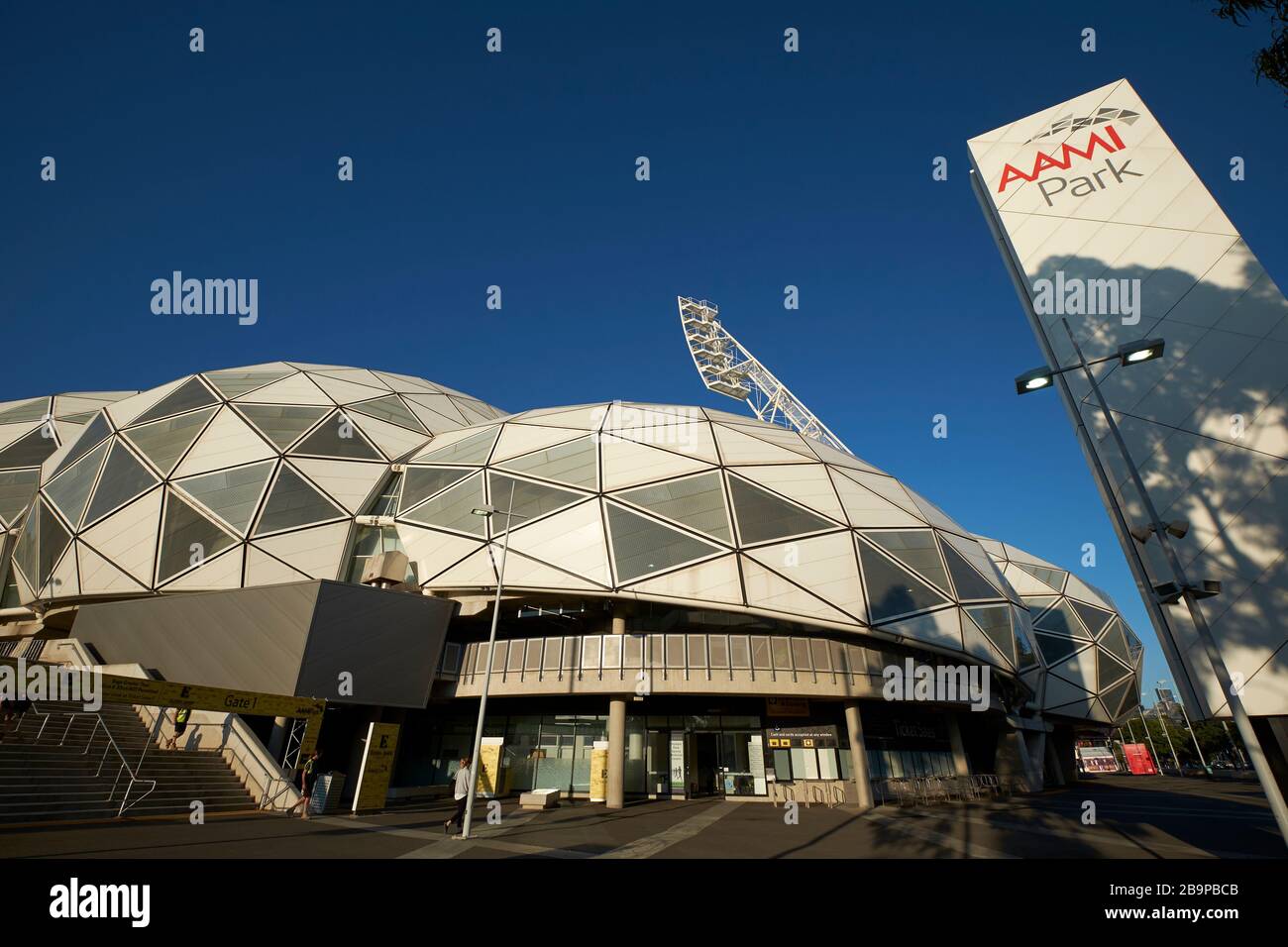 A graphic, abstract look at the white, modern Aami Park outdoor stadium ...