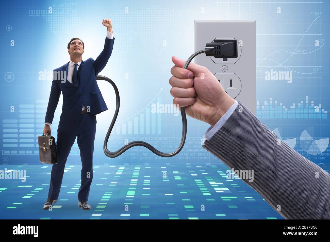 The businessman being powered by electricity and plug Stock Photo - Alamy