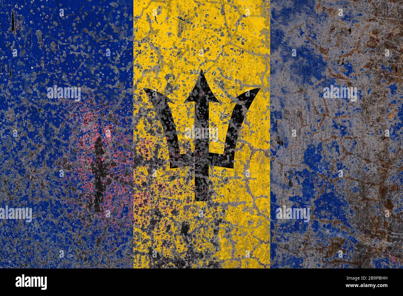 National flag of Barbados on old peeling wall background.The concept of ...