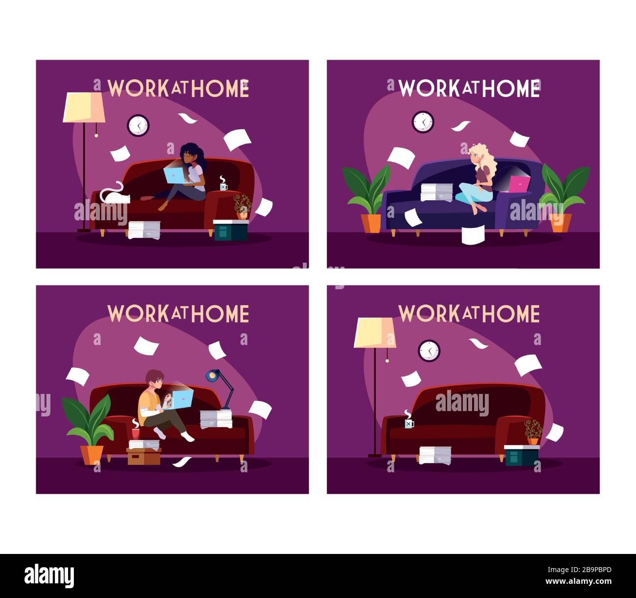 set of cards people working from her home vector illustration design ...