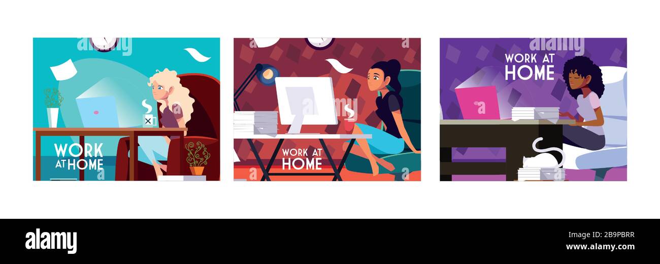 set of cards with women work at home vector illustration design Stock ...