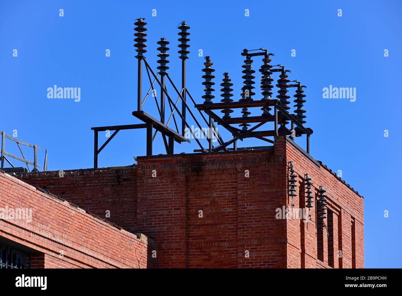 Insulators on the roof of an abandoned electrical substation in Montana ...