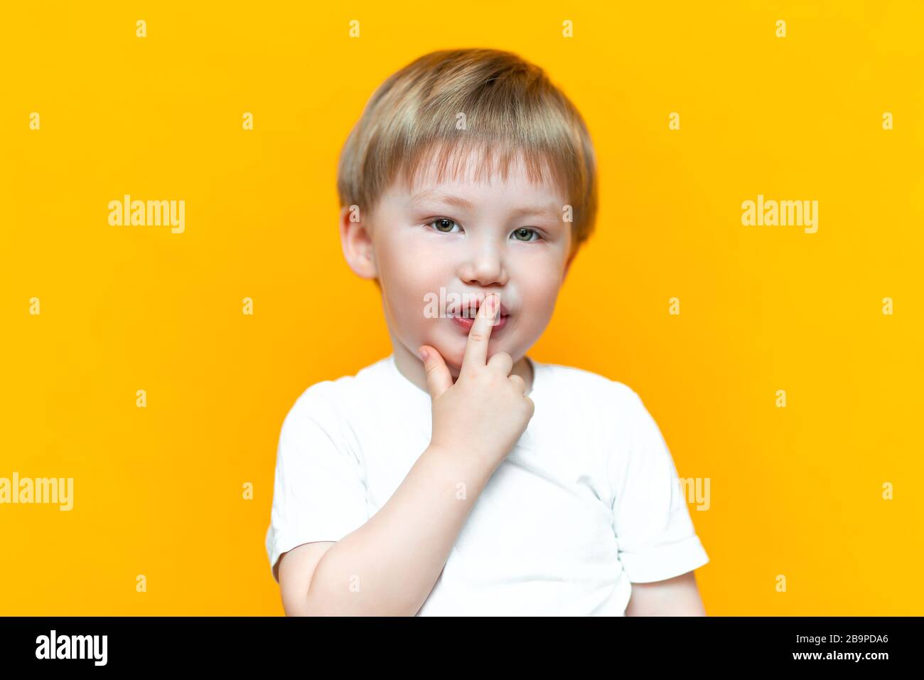 little boy child put his finger on lips, keep silence serious, blonde ...