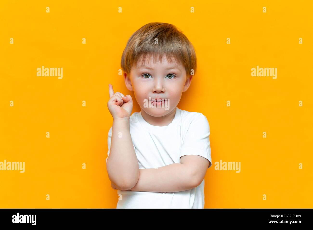 Portrait of cute handsome blonde little boy with finger pointed up ...