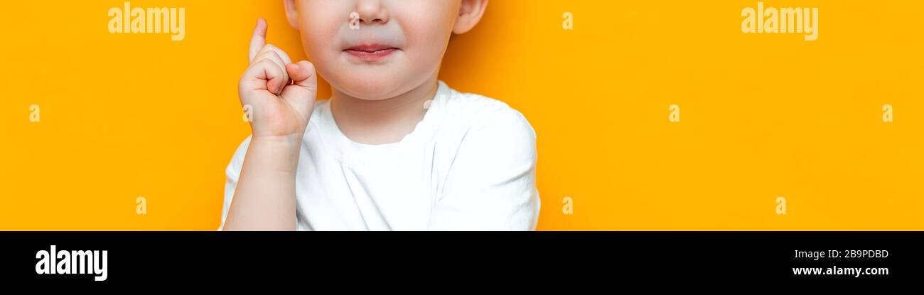 Portrait of cute handsome blonde little boy with finger pointed up ...