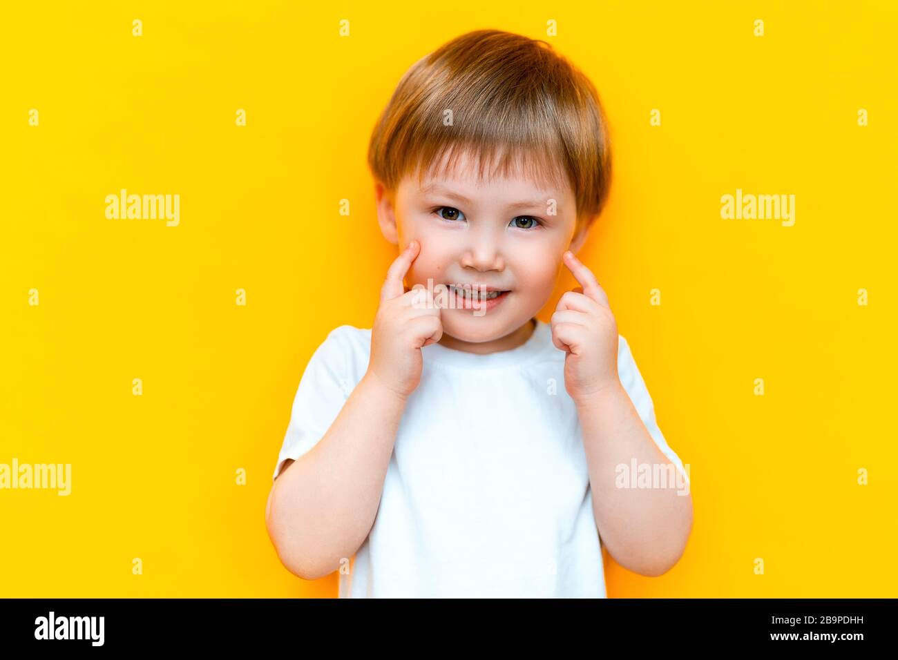 portrait of cheerful little boy child three years old, standing ...