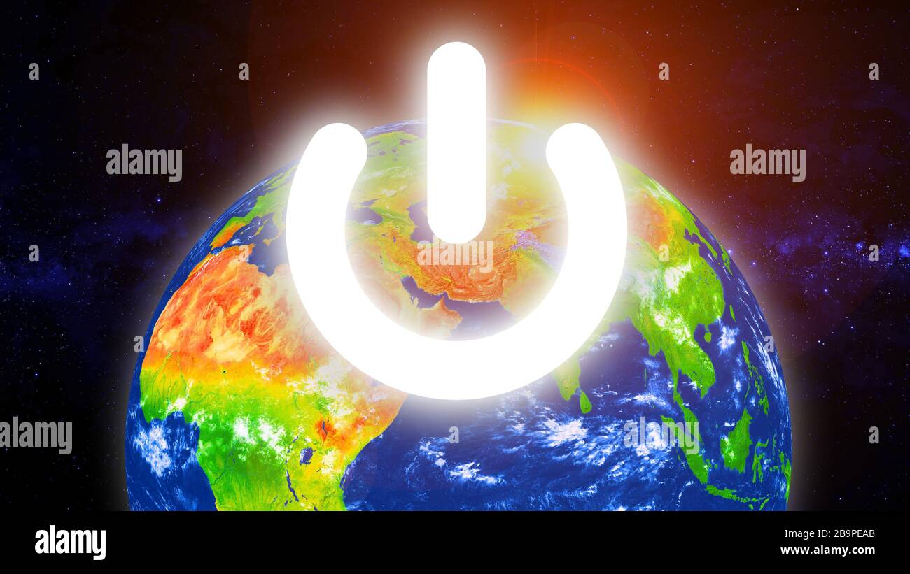 Planet Earth and electric power button. Earth hour event. Earth day ...