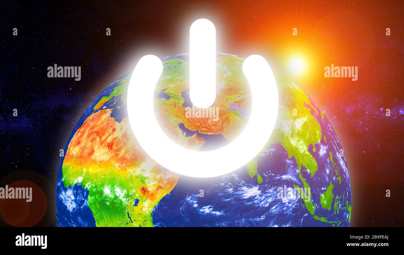 Planet Earth and electric power button. Earth hour event. Earth day ...