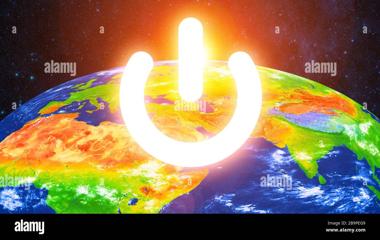 Planet Earth and electric power button. Earth hour event. Earth day ...