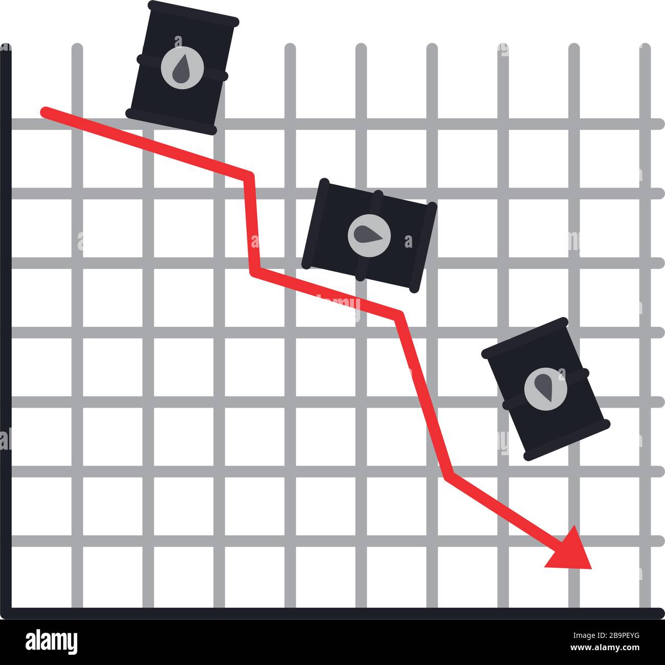 graphic chart with oil barrels and decrease arrow icon over white background, flat style, the ...