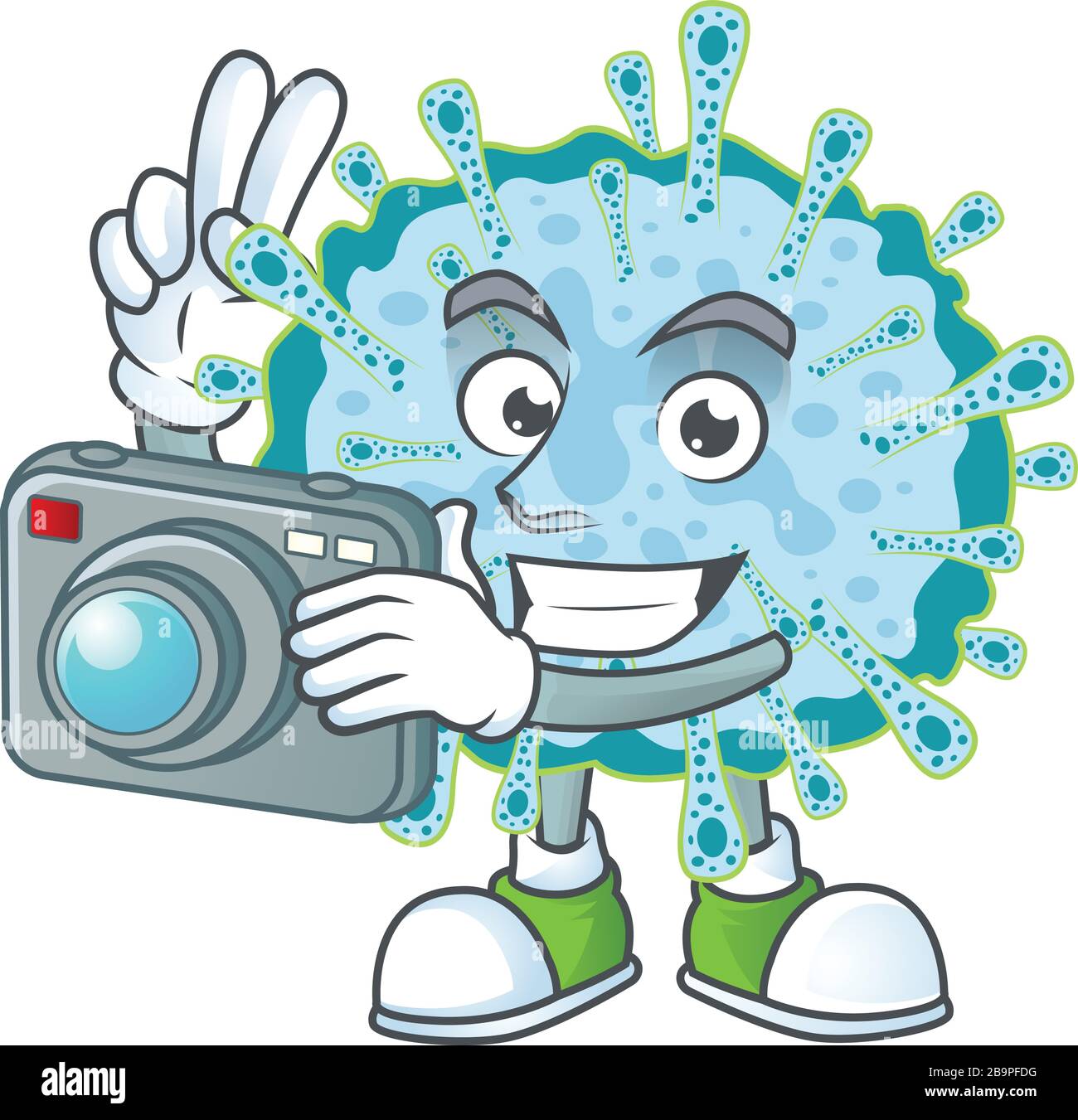 Coronavirus illness mascot design as a professional photographer with a ...