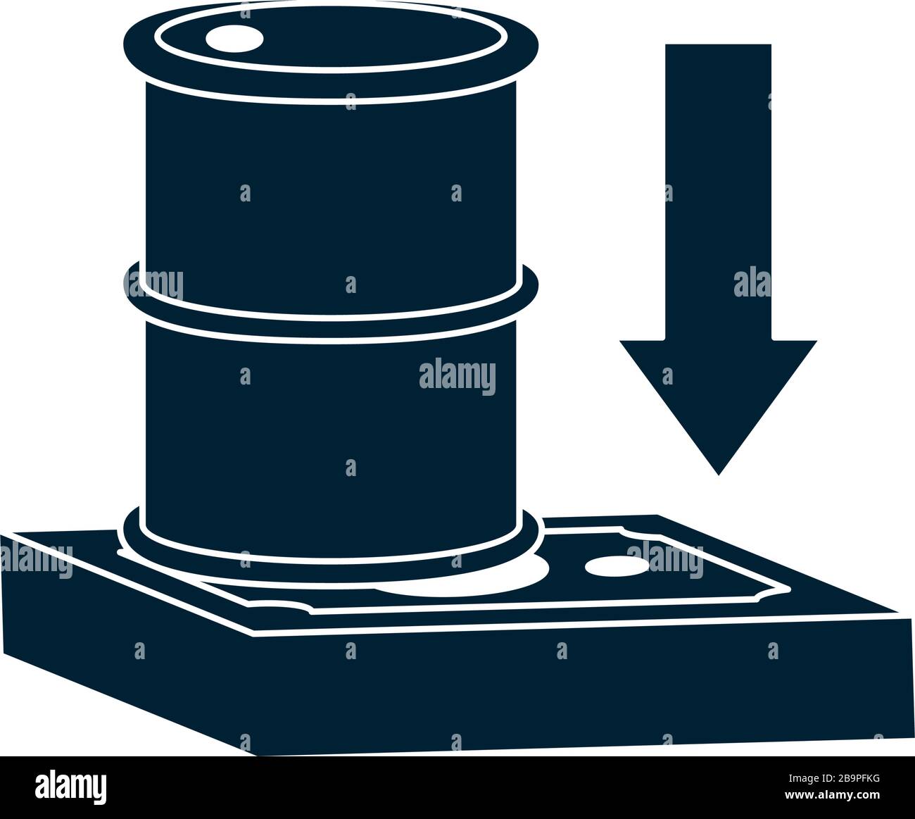 oil barrel and arrow down icon over white background, silhouette style ...