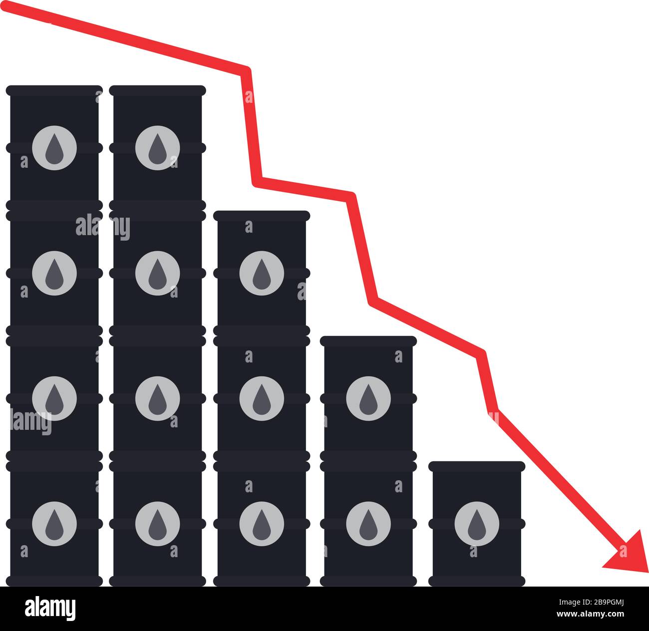 stack of oil barrels and decrease financial arrow icon over white background, flat style, vector ...