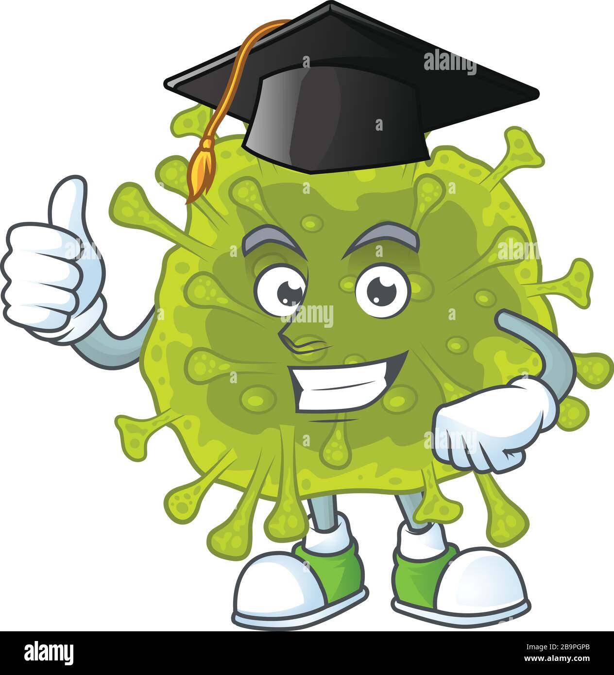 Happy face of coronavirus spread in black graduation hat for the ...