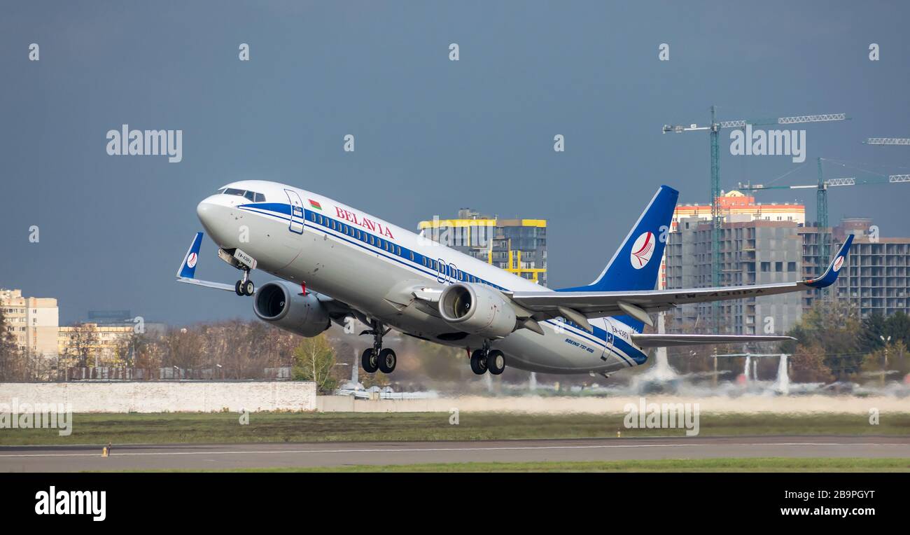 Kyiv Region, Ukraine - October 31, 2019: Belavia Boeing 737-800 takeoff ...