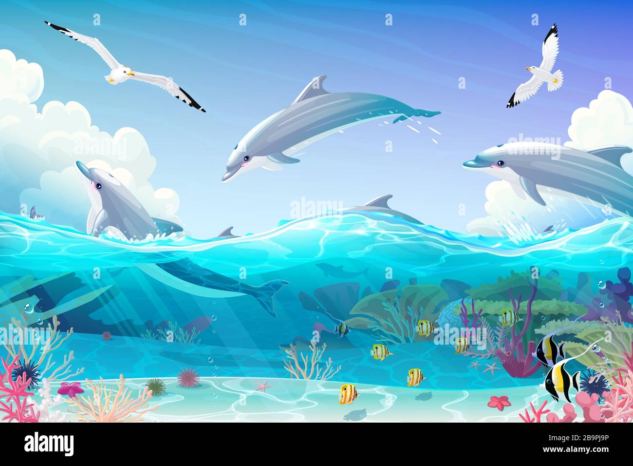 vector cartoon underwater sea, dolphins nautical clipart Stock Vector ...
