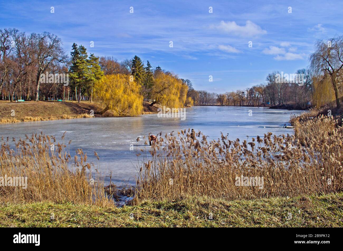 Winter landscape with lake covered with ice Stock Photo - Alamy