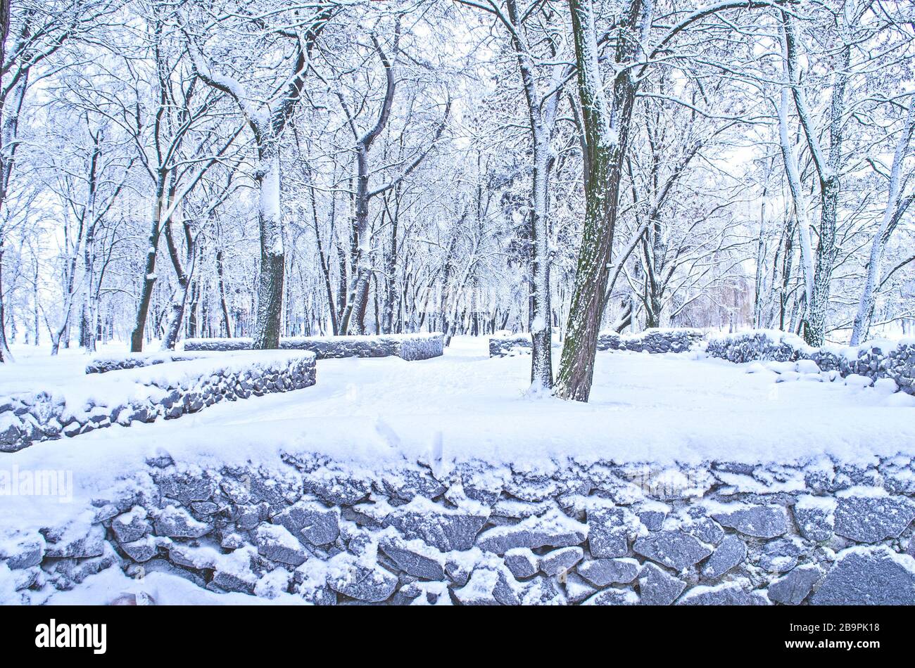Winter landscape with stones covered with snow Stock Photo - Alamy