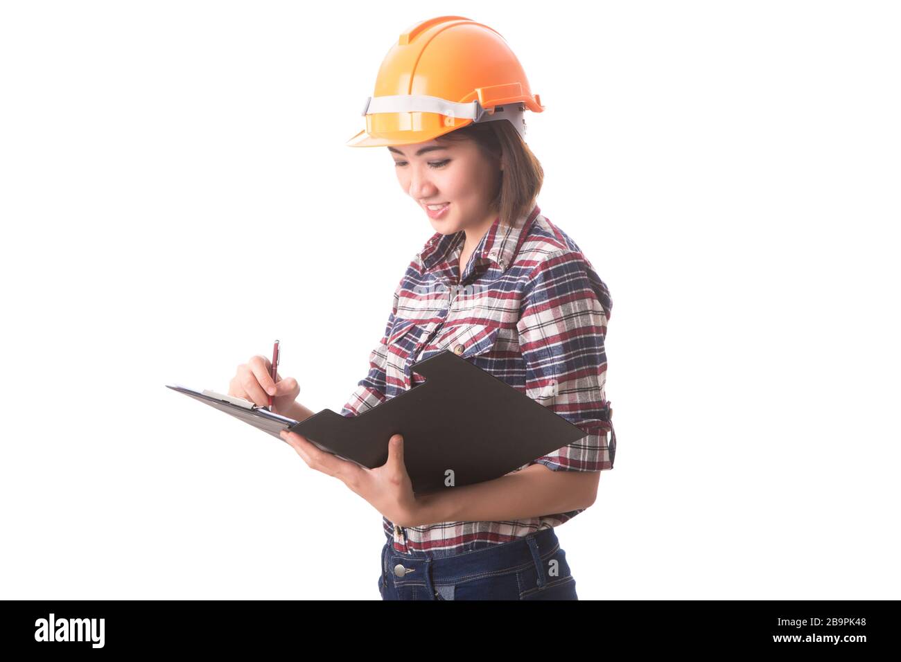 female engineer writing clipboard on white background Stock Photo - Alamy