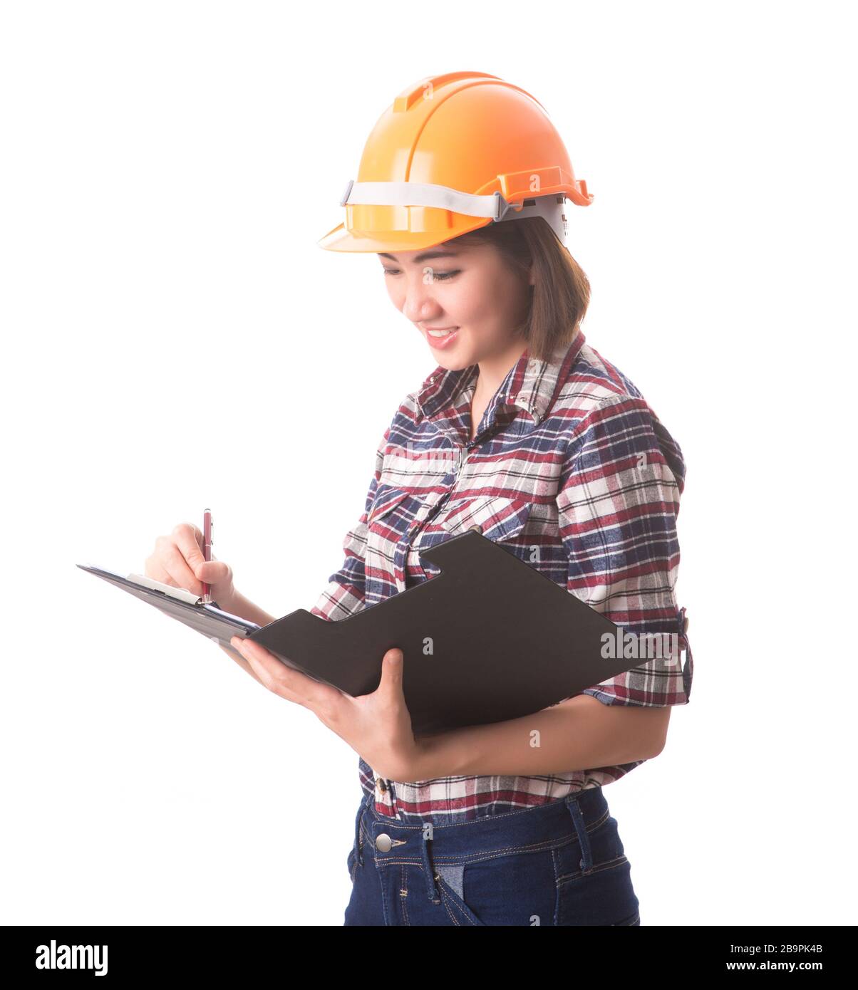 female engineer writing clipboard on white background Stock Photo - Alamy