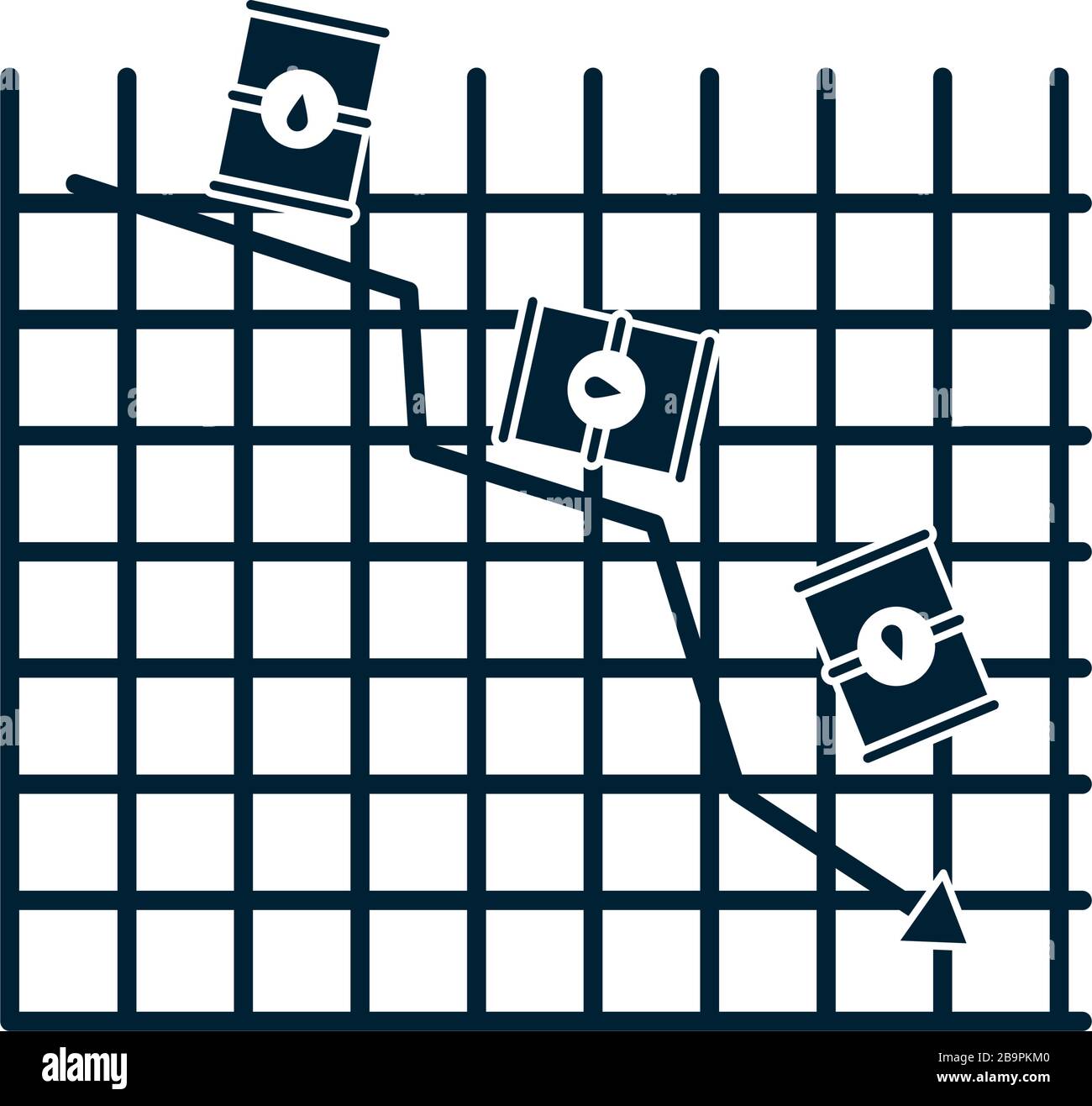 graphic chart with oil barrels and decrease arrow icon over white background, silhouette style ...