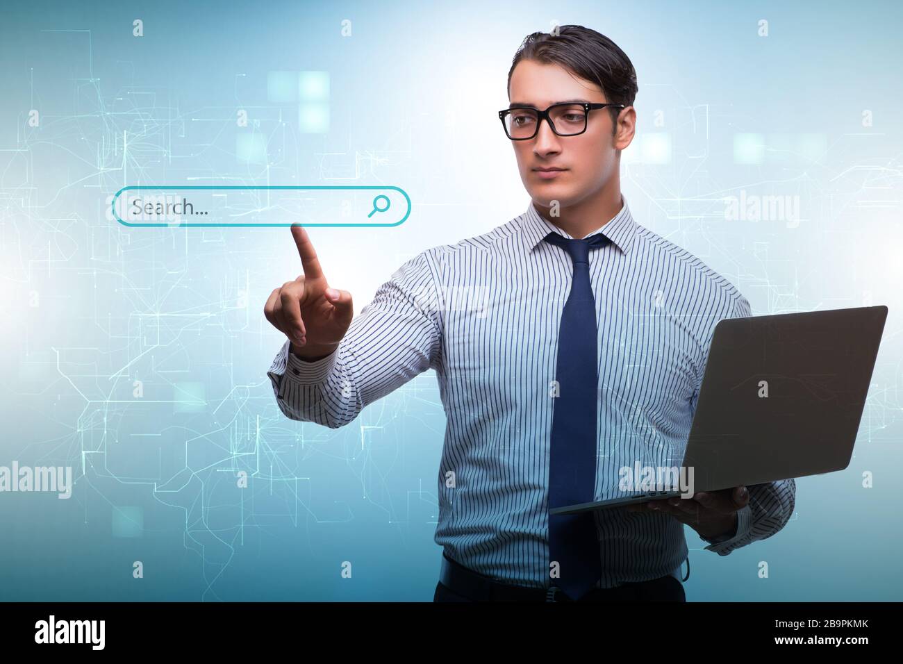 Search concept with the businessman pressing button Stock Photo - Alamy