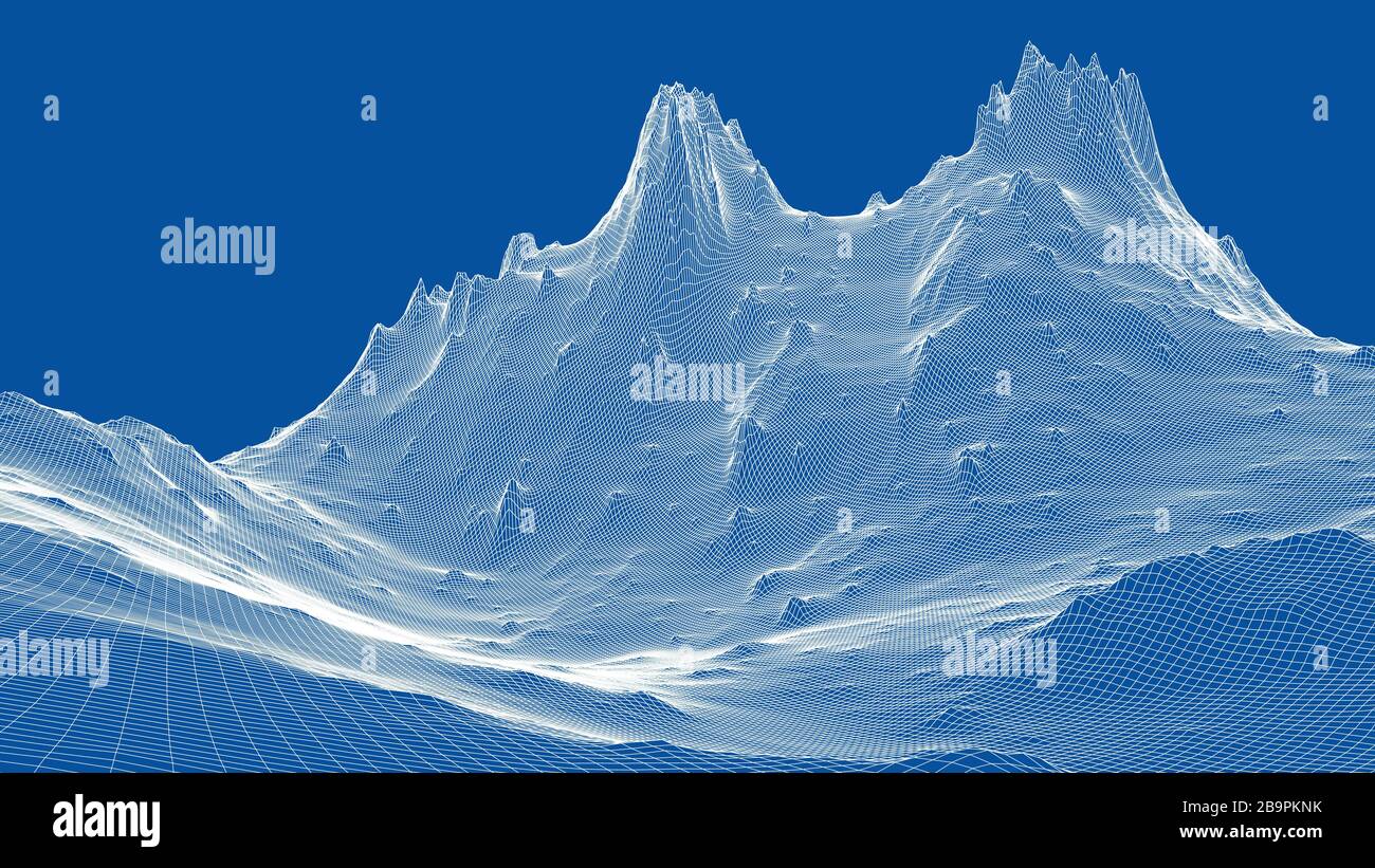Abstract 3d wire-frame landscape. Blueprint style. Vector rendering ...