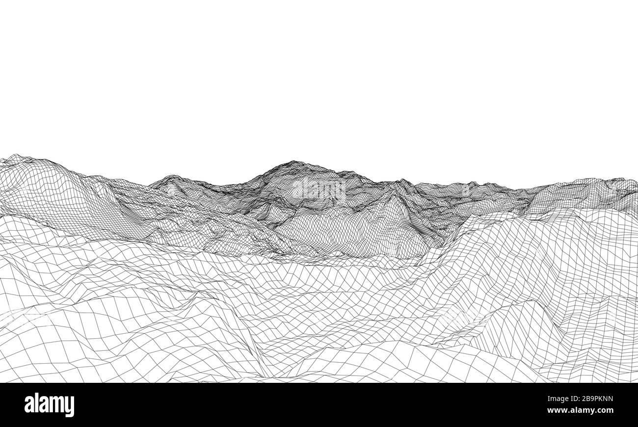 Abstract 3d wire-frame landscape. Blueprint style. Vector rendering ...