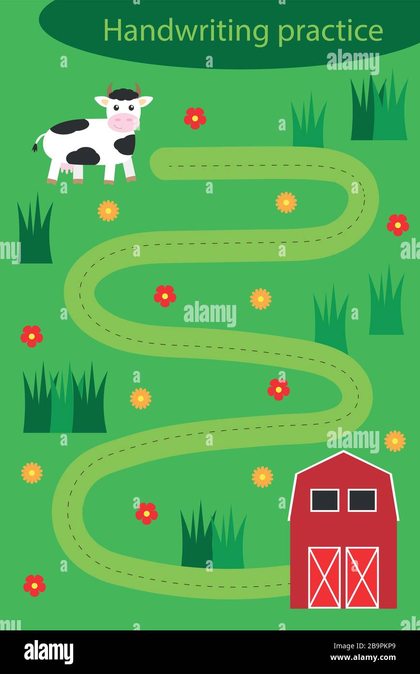 Handwriting practise, writing training. help the cow to get the barn ...