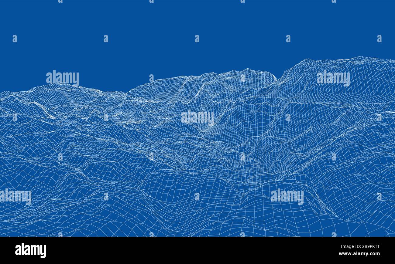 Abstract 3d wire-frame landscape. Blueprint style. Vector rendering ...