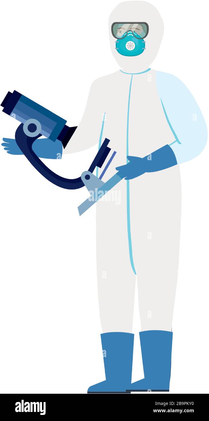 person with biohazard suit protection and microscope Stock Vector Image ...